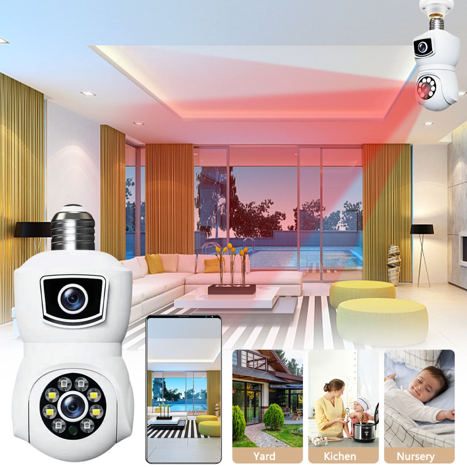Pan Tilt Security Camera, Double-Lens Pro HD 2K Light Cameras, 360 ...