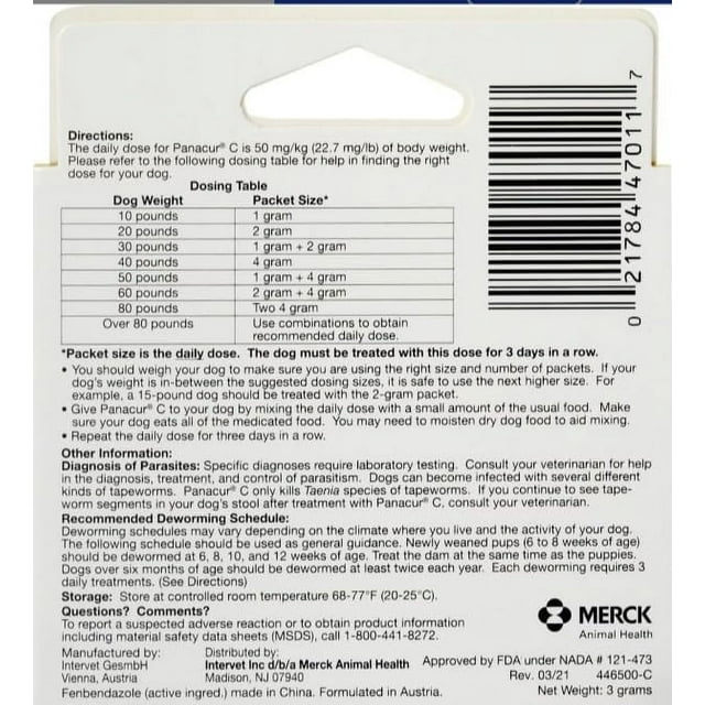 Panacur C Canine Dewormer Dogs 1 (3 Packets) Gram Each Packet Treats 10 ...