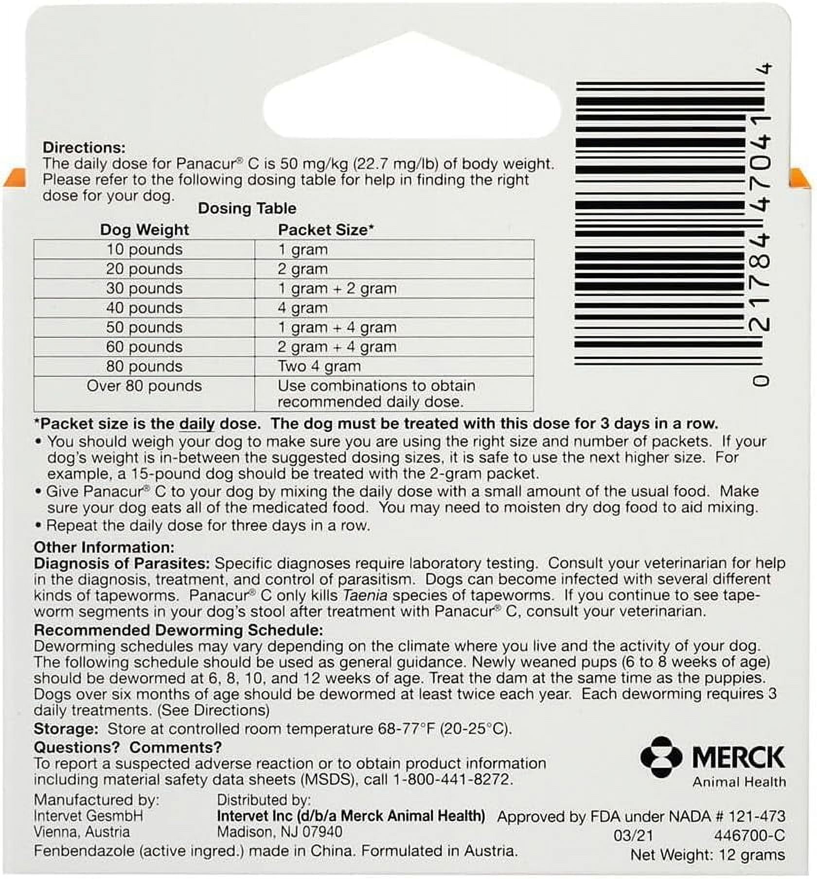 Panacur C Canine Dewormer, Net Wt. 12 Grams, Package Contents Three, 4 ...