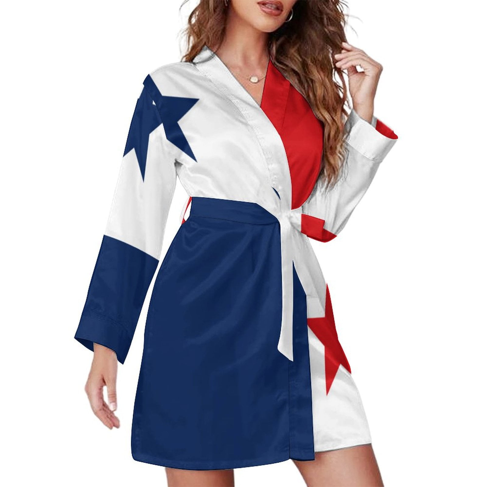 Panama Flag Night Robe Long Sleeve V Neck Robe With Belt Women's ...