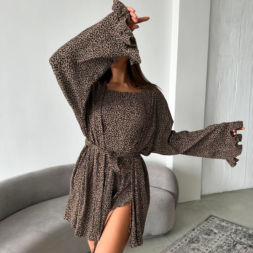 Panan Luxurious Chic Leopard Print Long, Sleeve Three Piece Pajama Set ...