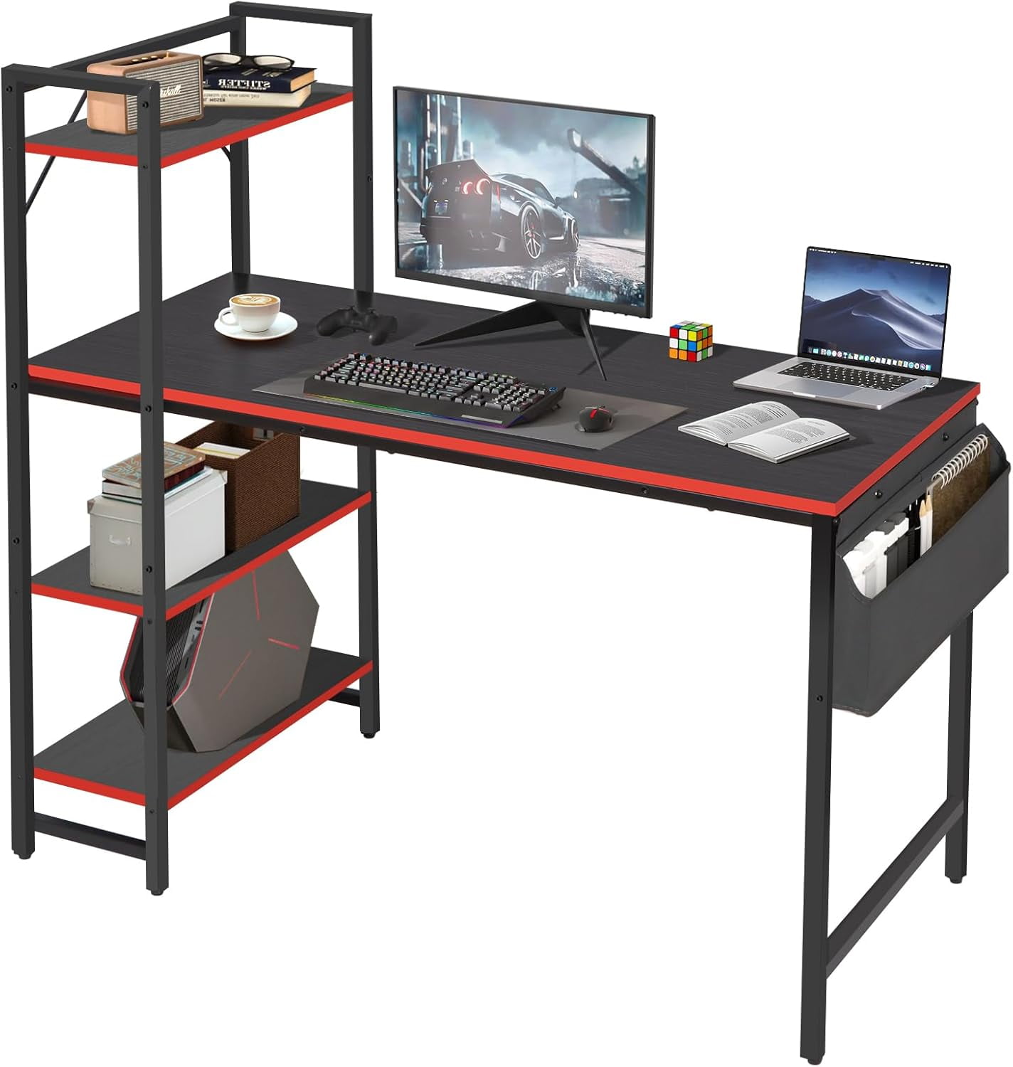 Panana 47.2 Inch Gaming Desk Computer Desk with Bookshelf, Reversible ...