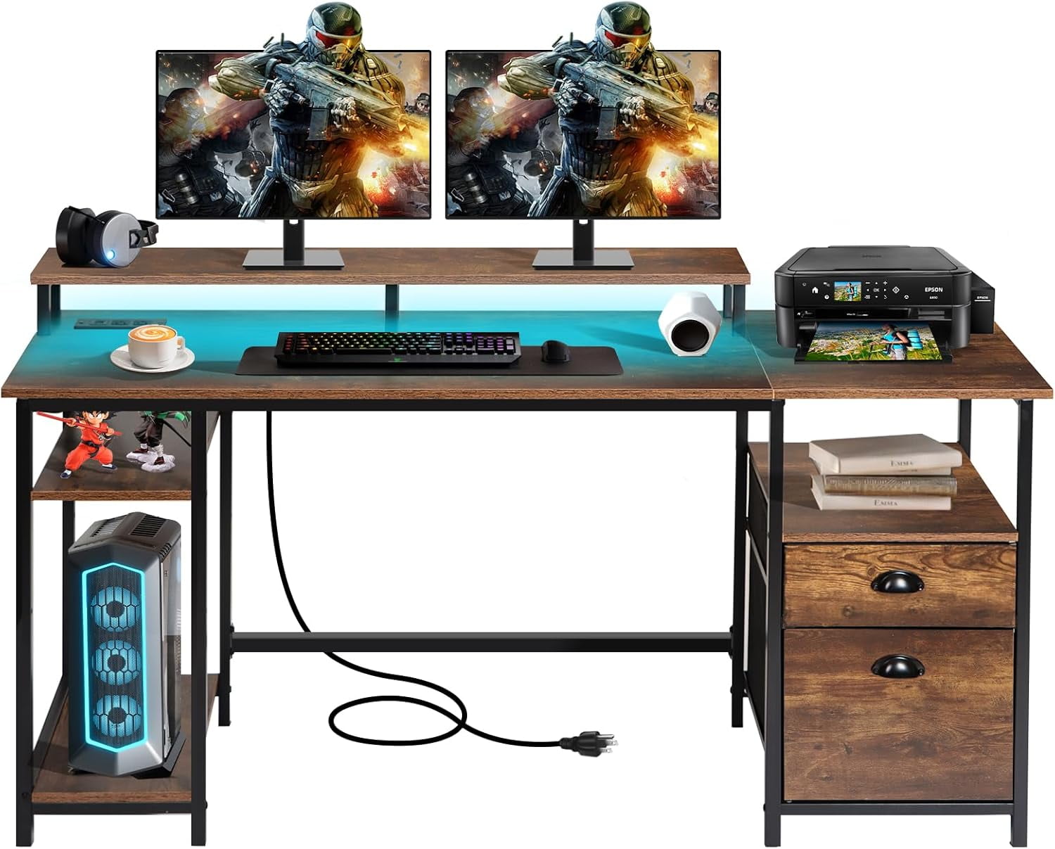 Panana 61.4" Computer Desk with Power Outlet and LED Lights, Desk with ...