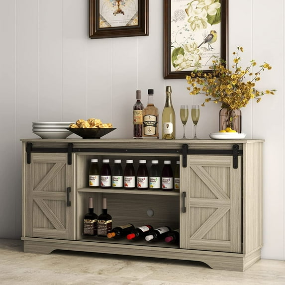 Panana Bar Cabinet with Barn 2 Sliding Doors Buffet Farmhouse Storage ...