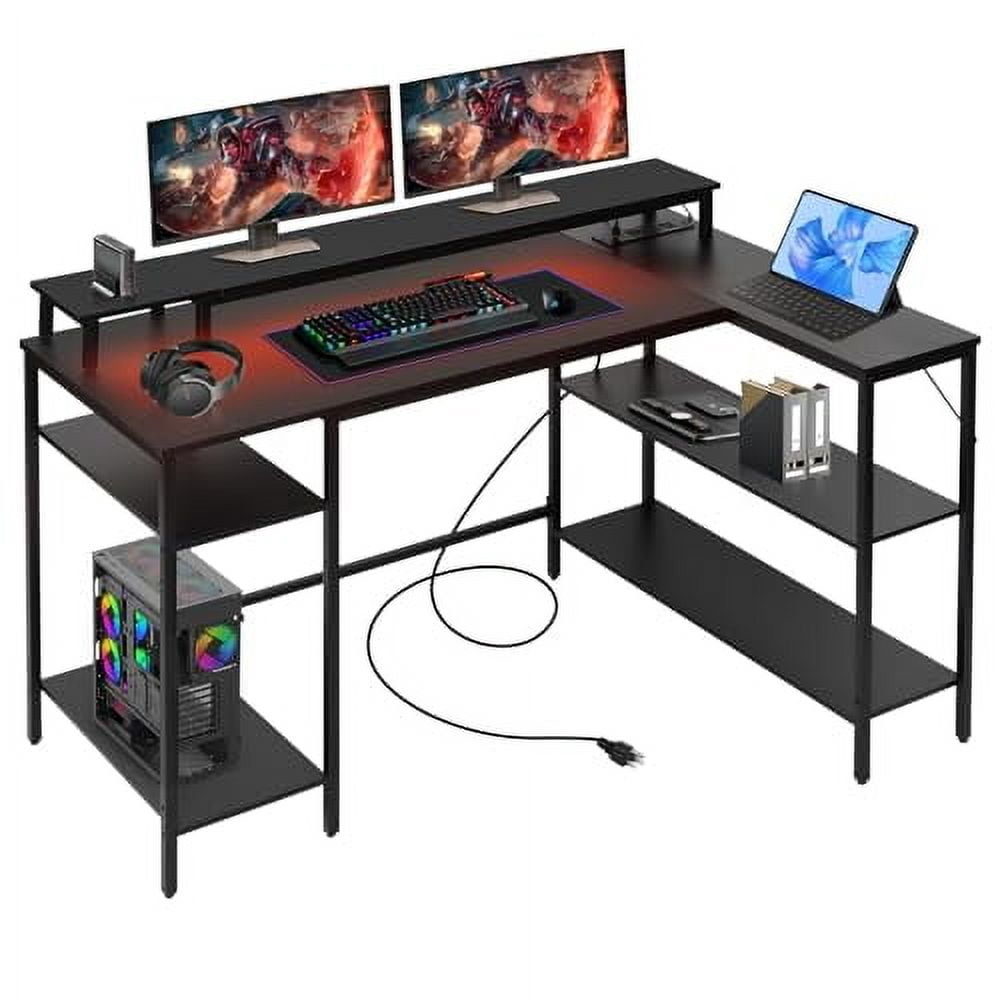 Panana L Shaped Gaming Desk with LED Lights & Power Outlets, Reversible ...
