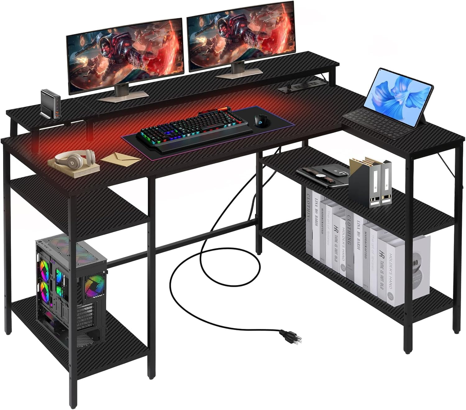 Panana L Shaped Gaming Desk with LED Lights & Power Outlets, Reversible ...
