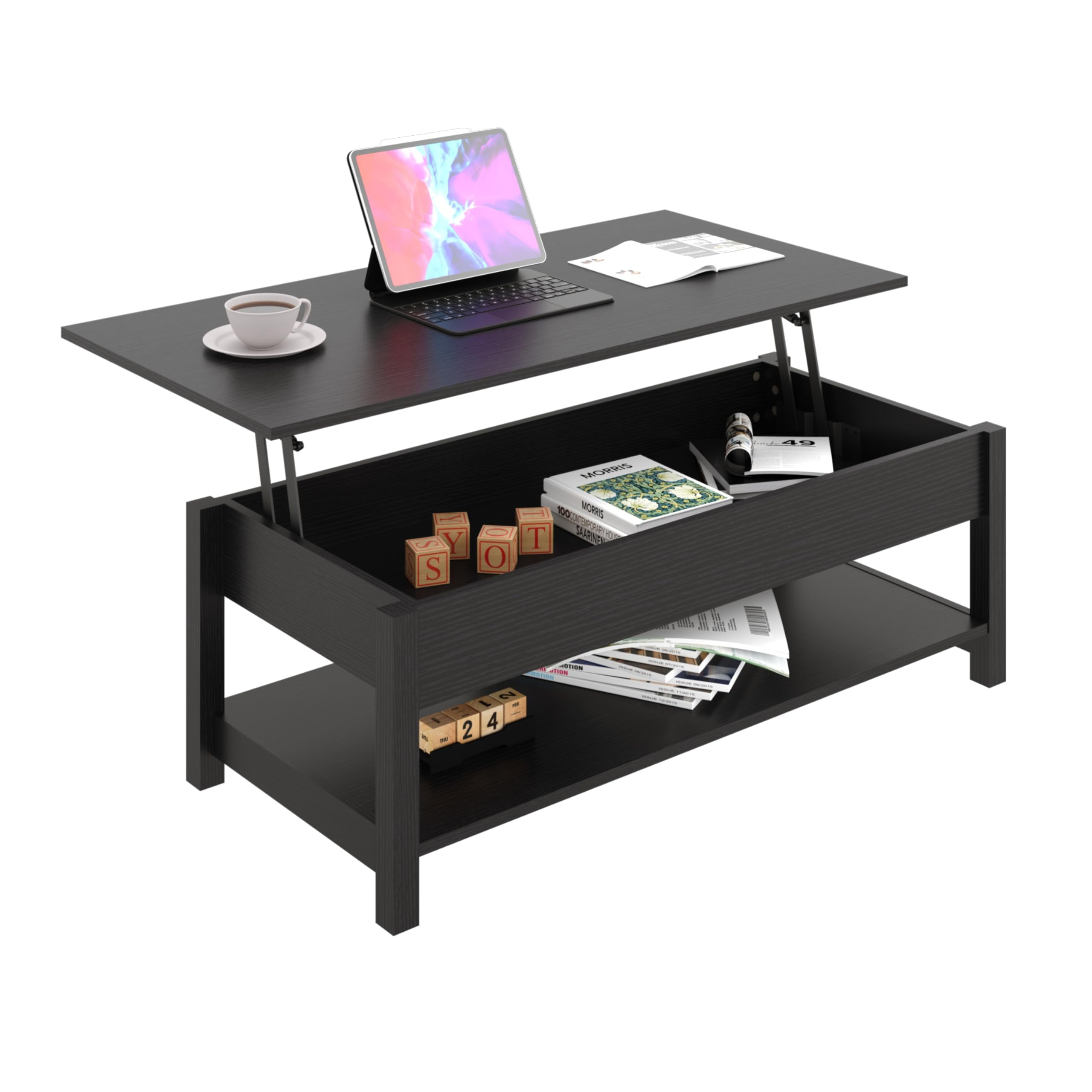 Panana Lift Top Coffee Table with Hidden Compartment & Open Storage ...