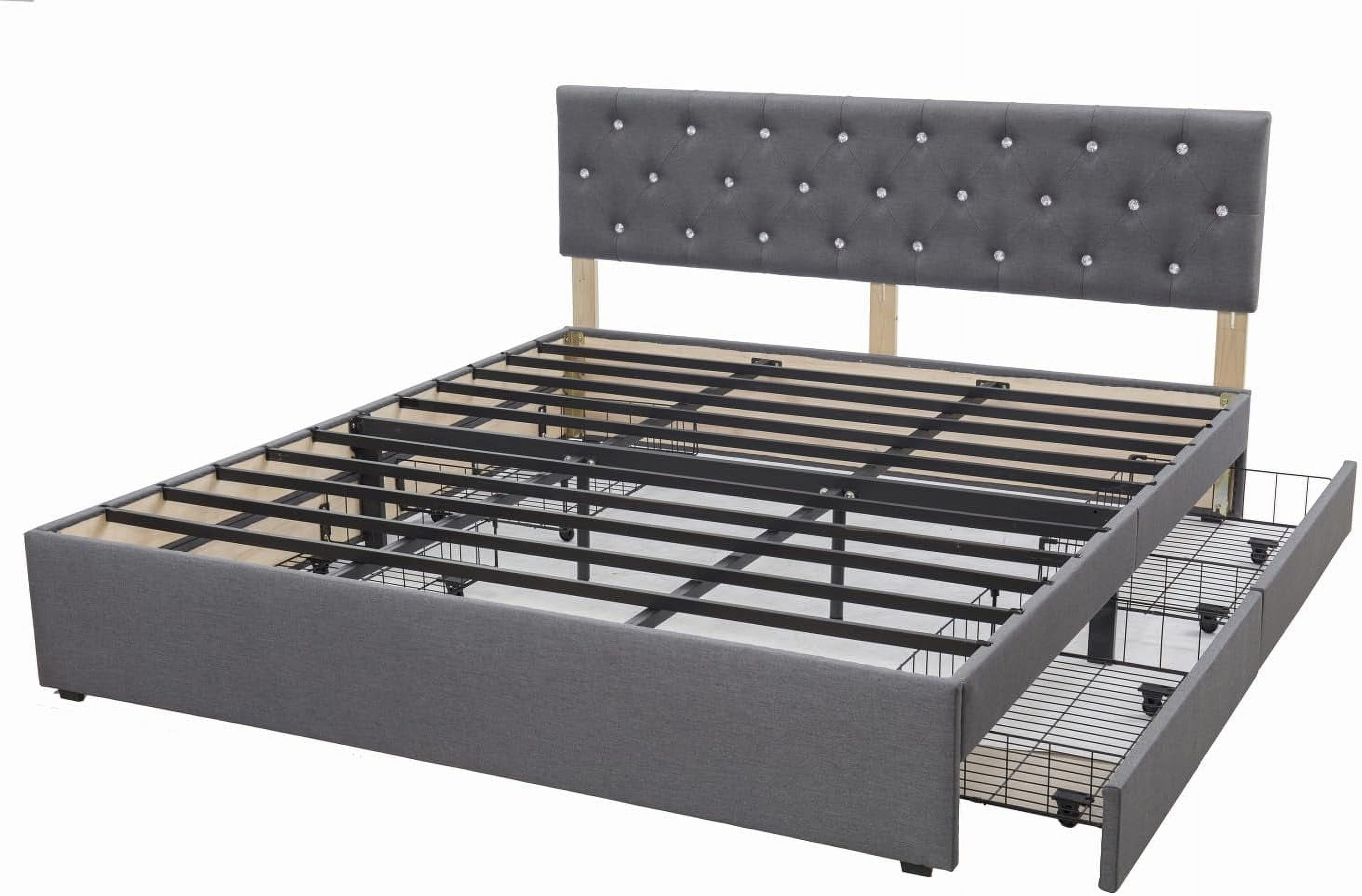 Panana Linen Fabric Grey Bed Frame with Crystal Headboard, 4 Storage ...