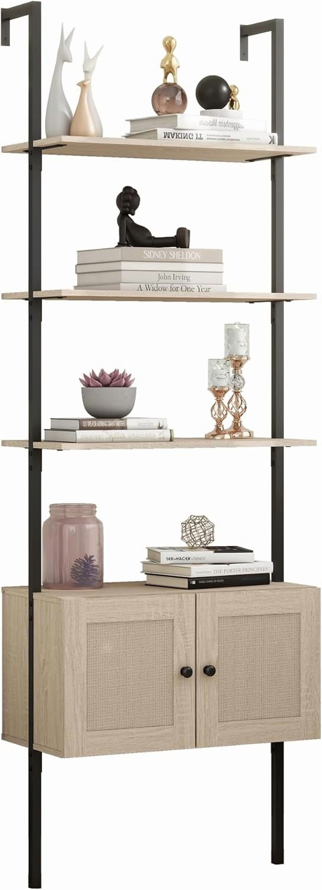 Panana Modern 3 Tier Bookcase with Rattan Cabinet in Light Oak Finish ...