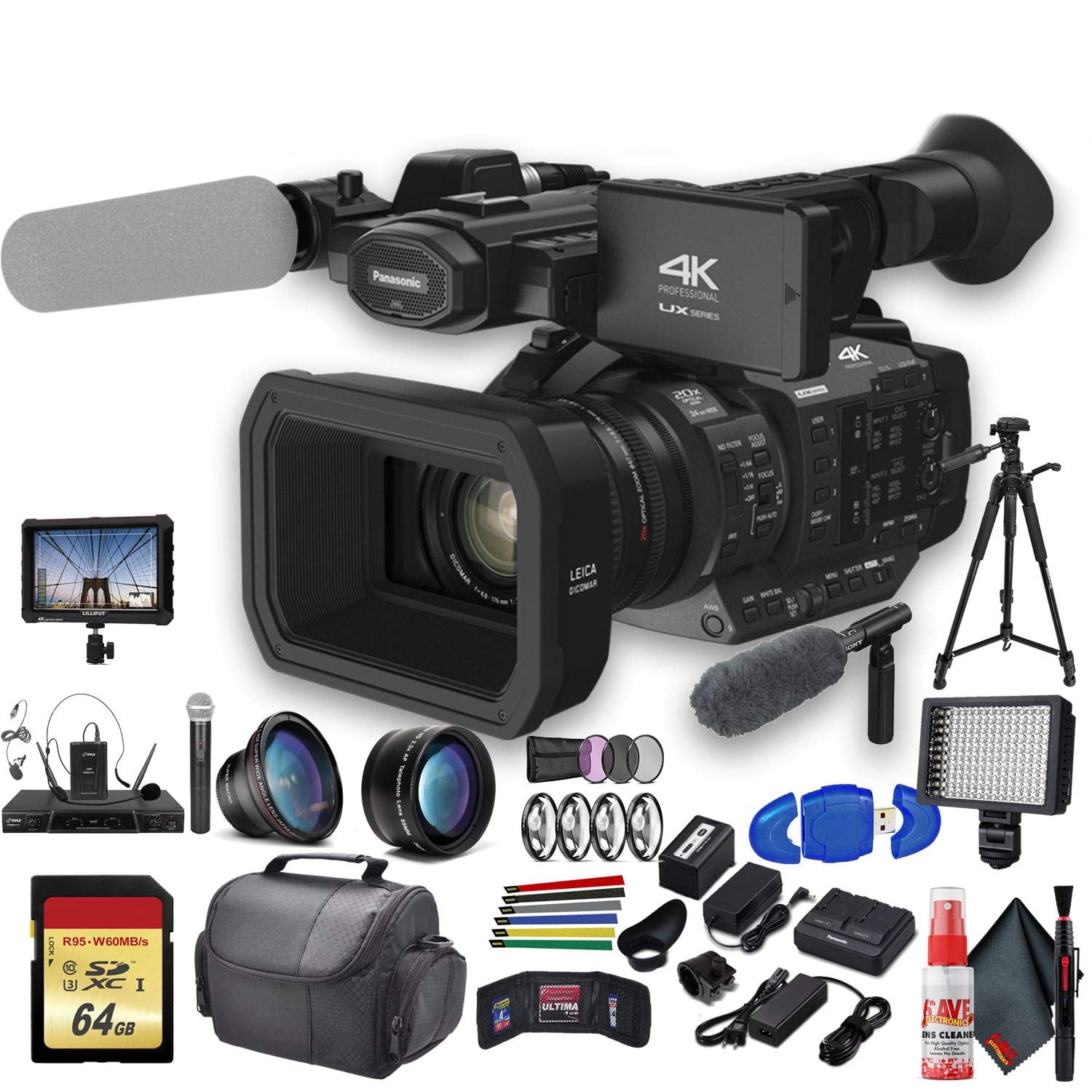 Panasonic AG-UX180 4K Professional Camcorder (AG-UX180PJ8) with Tripod, Padded Case, LED Light ...
