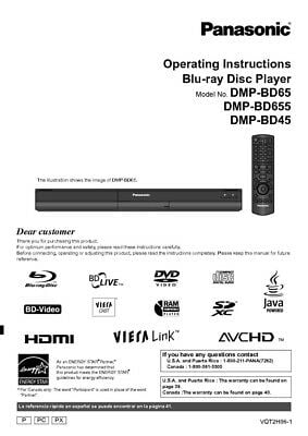 Panasonic DMP-BD45 DMP-BD65 DMP-BD655 Blu-ray Player Owners Instruction Manual REPRINT - Walmart.com
