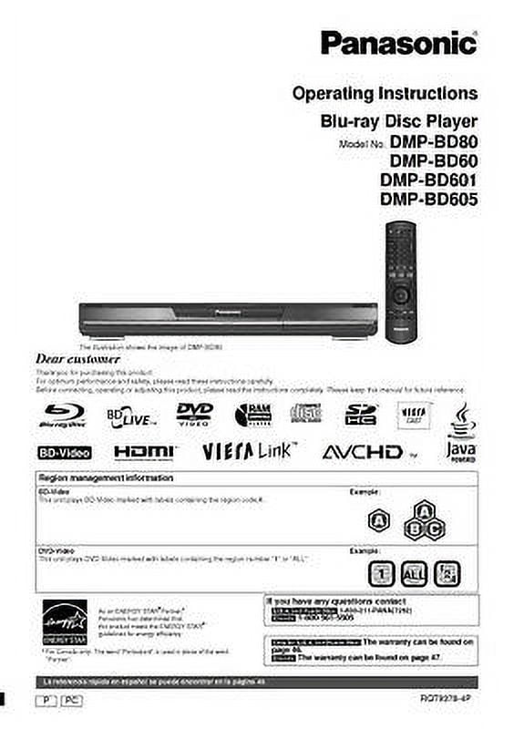Panasonic DMP-BD60 DMP-BD80 DMP-BD601 DMP-BD605 Blu-ray Player Manual REPRINT - Walmart.com