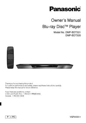Instruction Manual for Panasonic DMP-BDT320 DMP-BDT321 Blu-ray Player ...