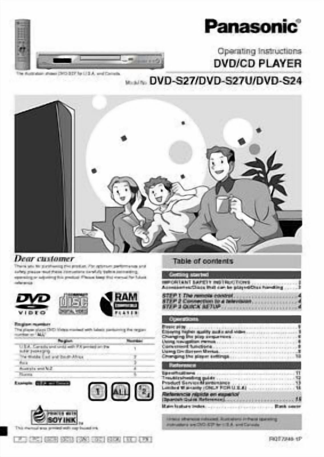 Panasonic DVD-S24 DVD-S27 DVD-S27U DVD Player Owners Instruction Manual ...