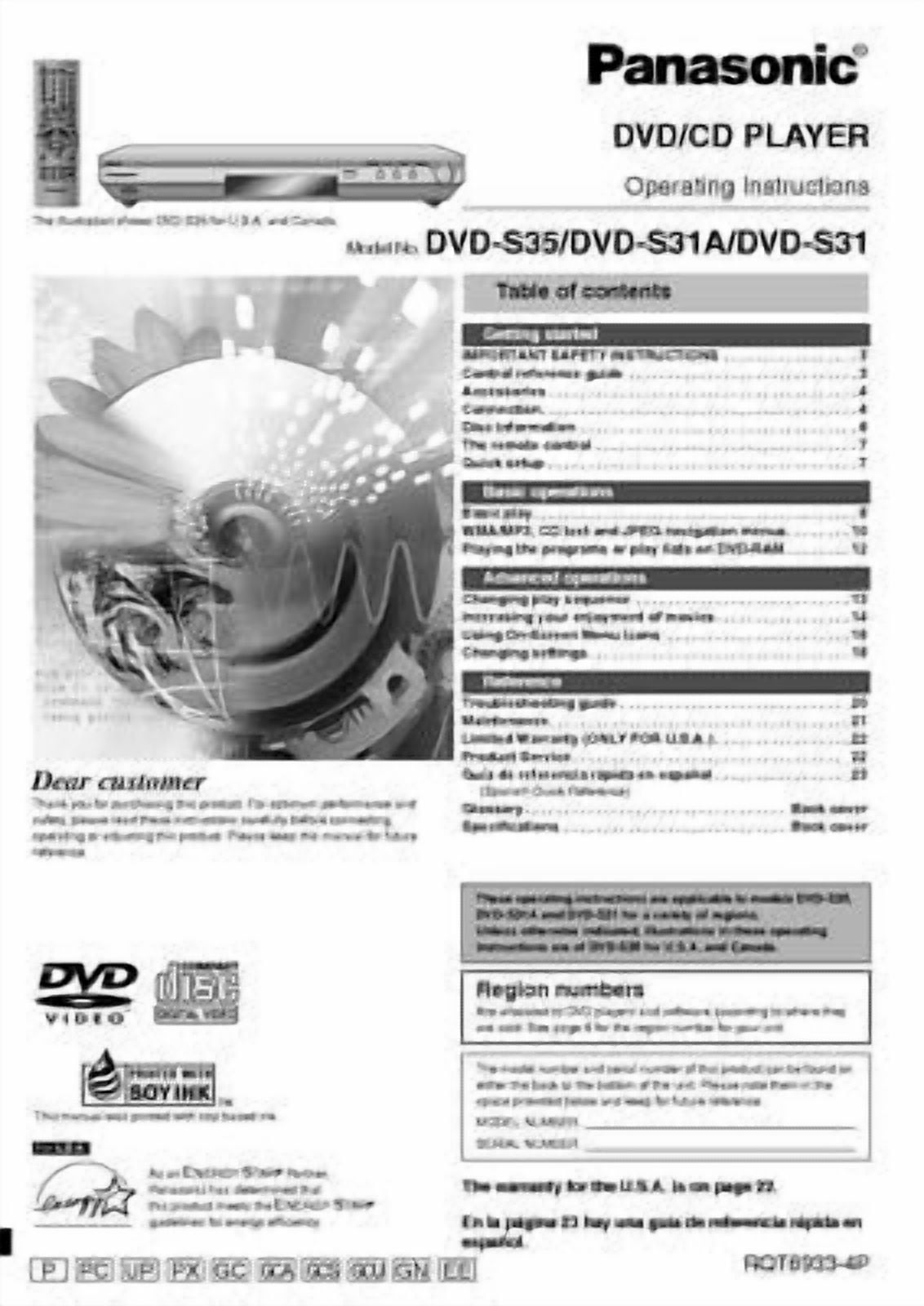 Panasonic DVD-S31 DVD-S31A DVD-S35 DVD Player Owners Instruction Manual ...