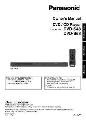 Instruction Manual ONLY for Panasonic DVD-S48 DVD-S68 DVD Player Owners ...