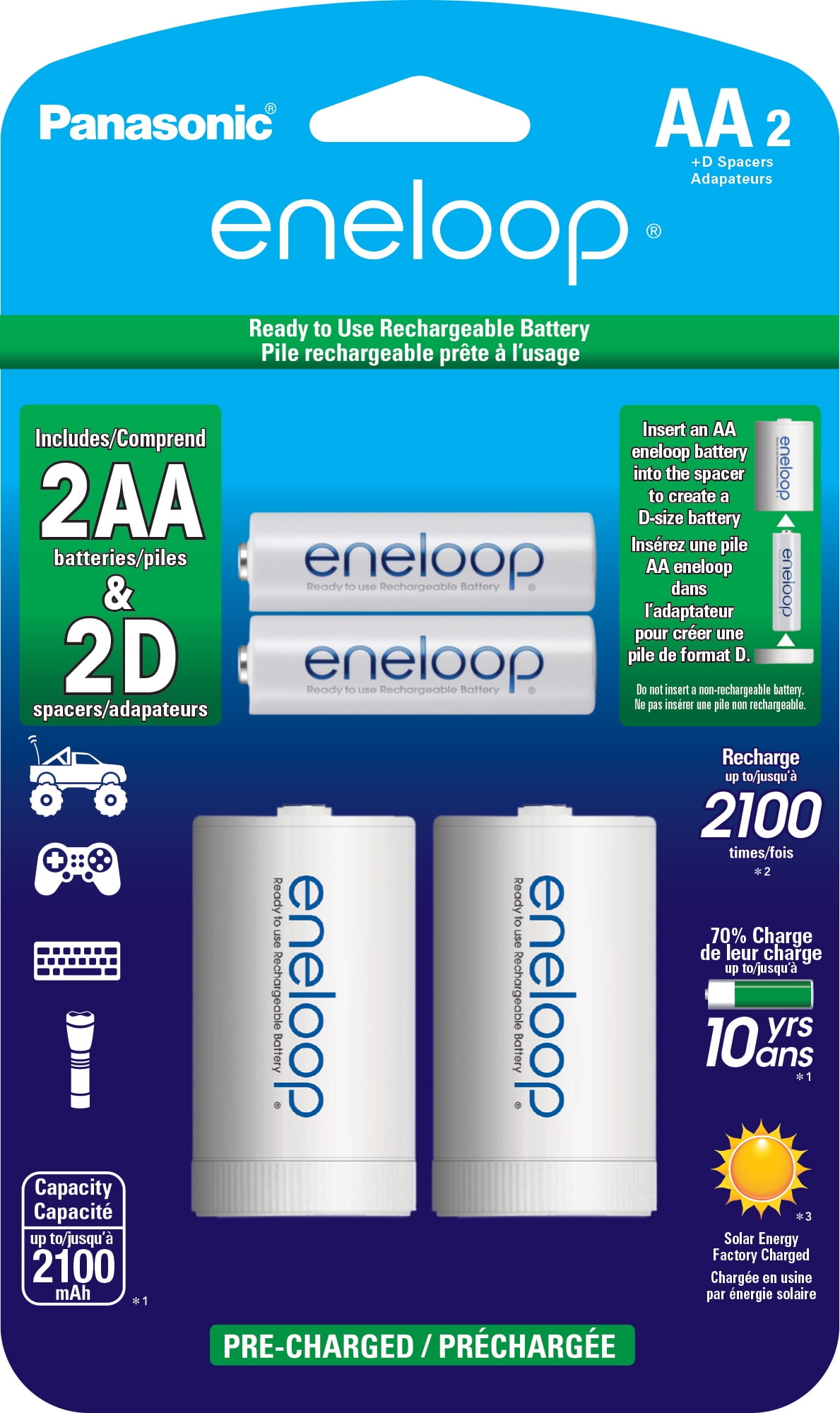 Panasonic Eneloop K-KJS1MCA2BA D Size Battery Adapters with Eneloop AA ...
