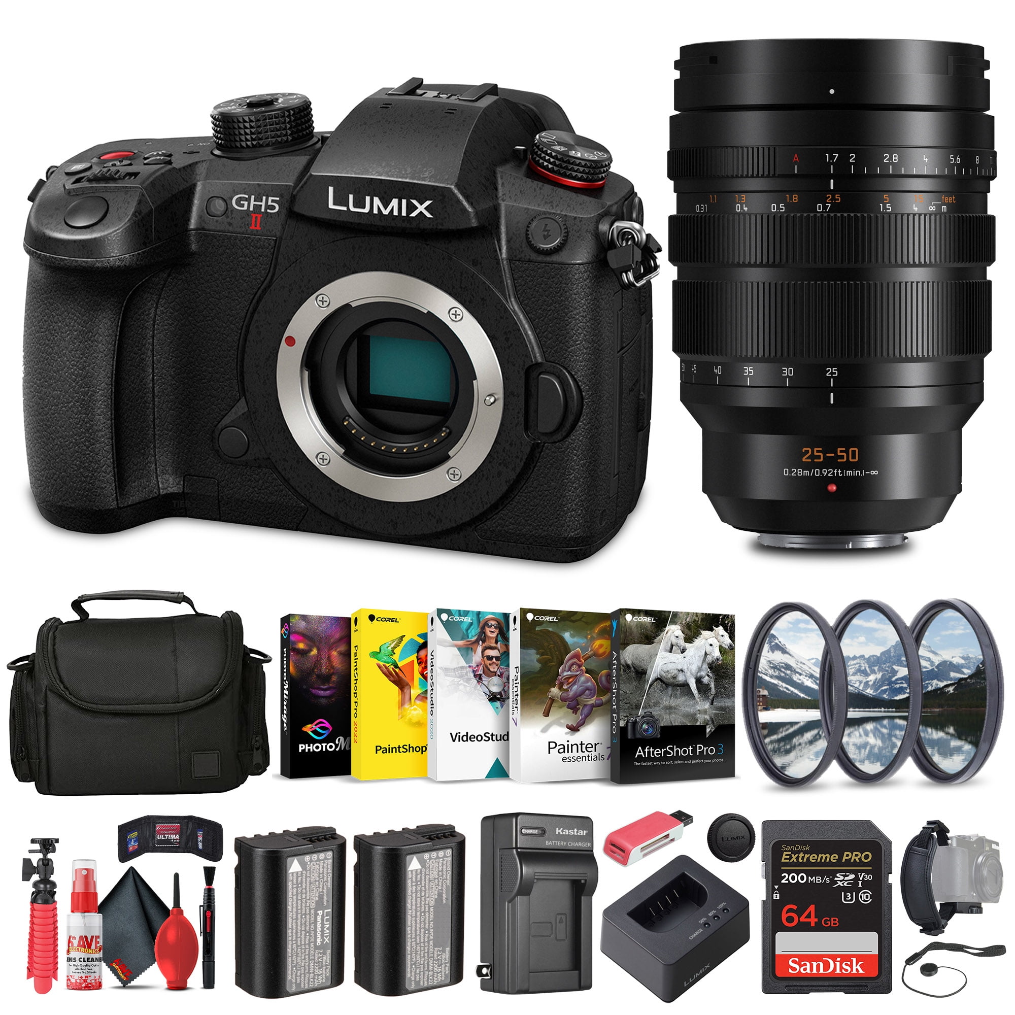 Panasonic Lumix GH5 II Mirrorless Camera (DC-GH5M2BODY) + Panasonic 25-50mm f/1.7 Lens + Filter ...