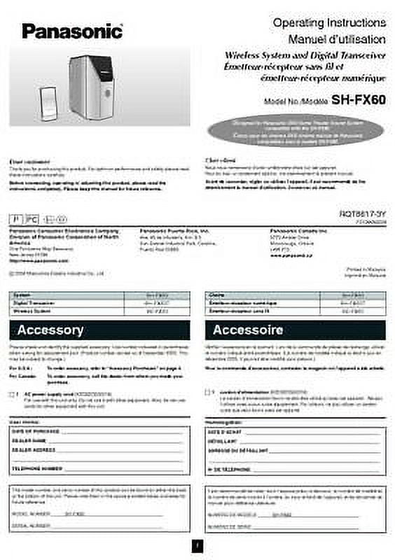 Instruction Manual ONLY for Panasonic SH-FX60 Wireless System Owners ...