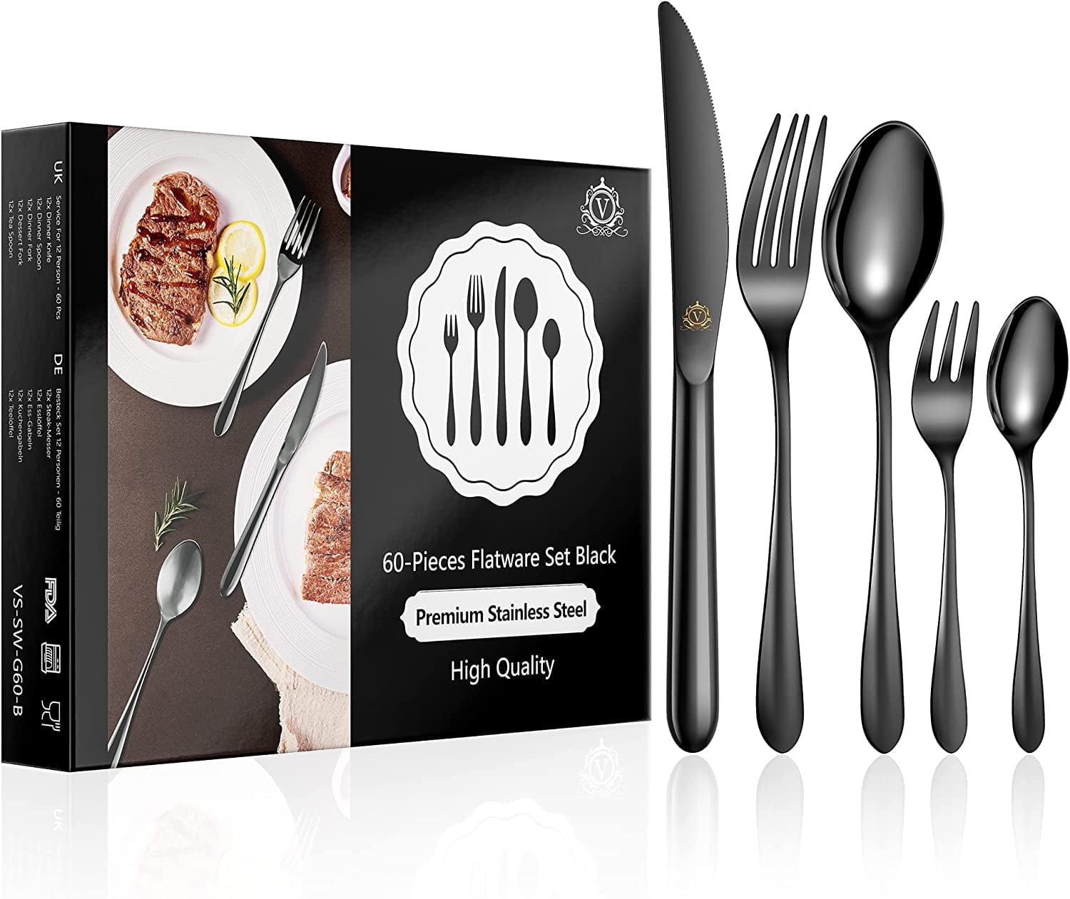 vancasso 60 Piece Silverware Sets , Stainless Steel Knife and Fork for ...