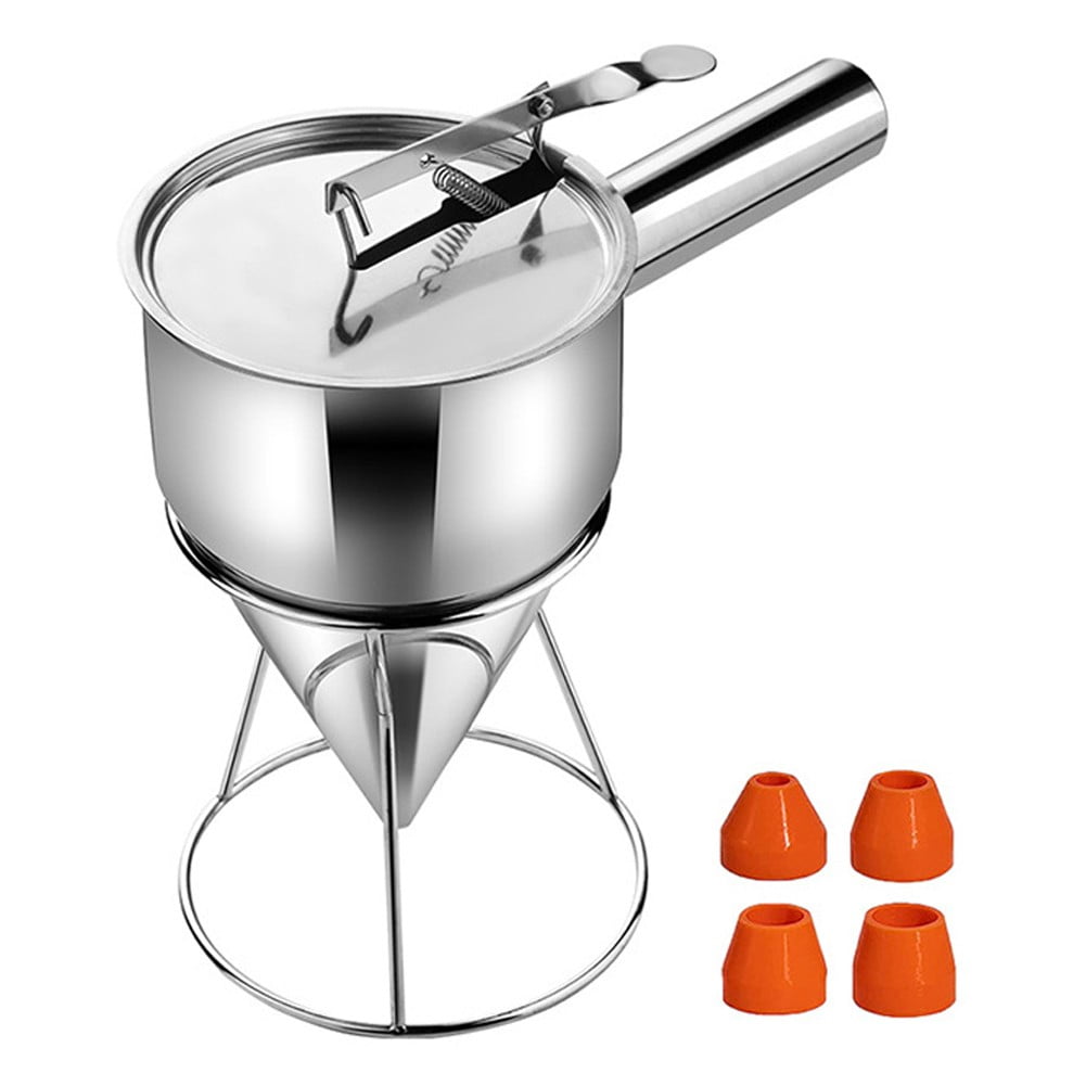 Pancake batter dispenser for a rack with plunger funnel with cake ...