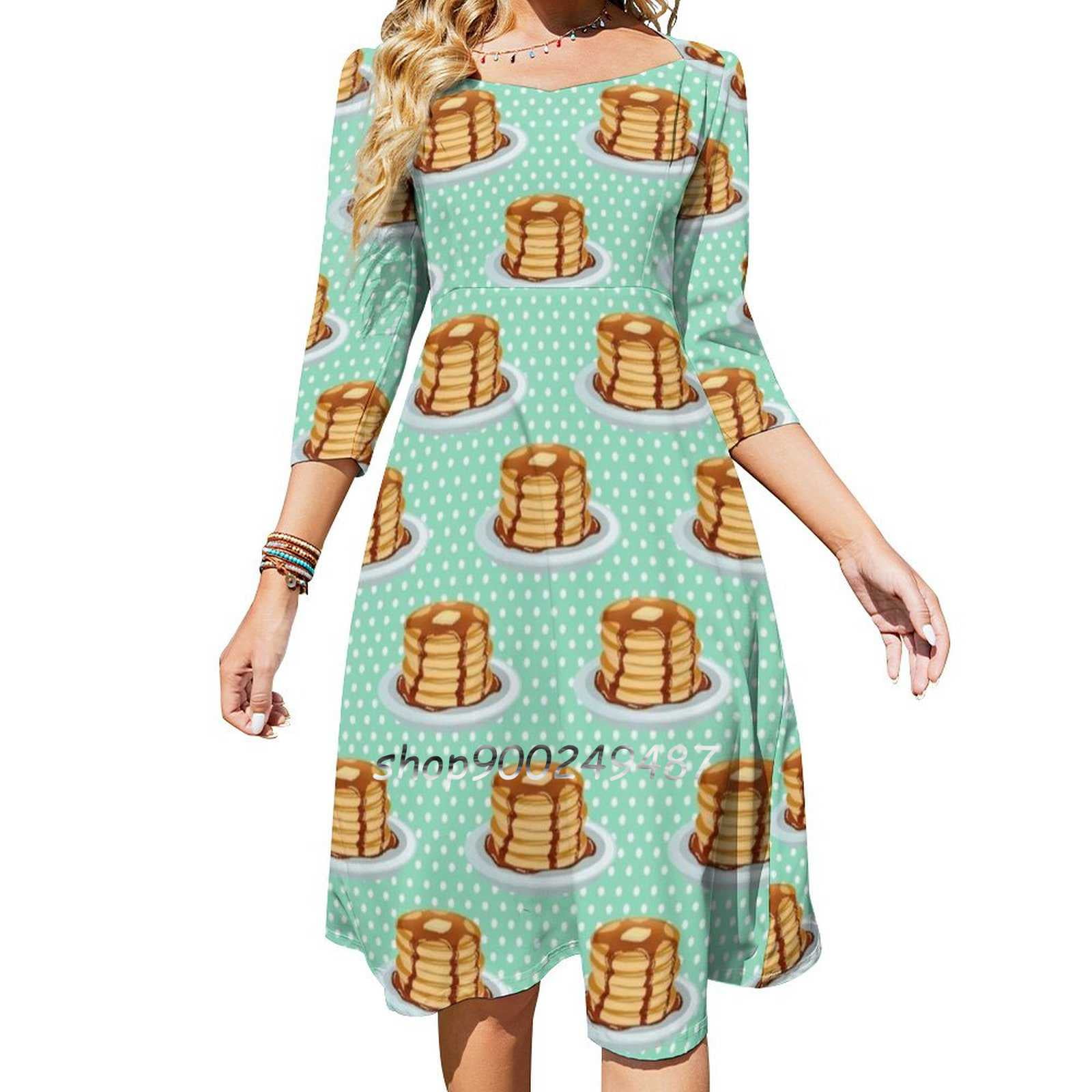 Pancakes With Maple Syrup Pattern Sweet Elegant Dress Women Korean ...