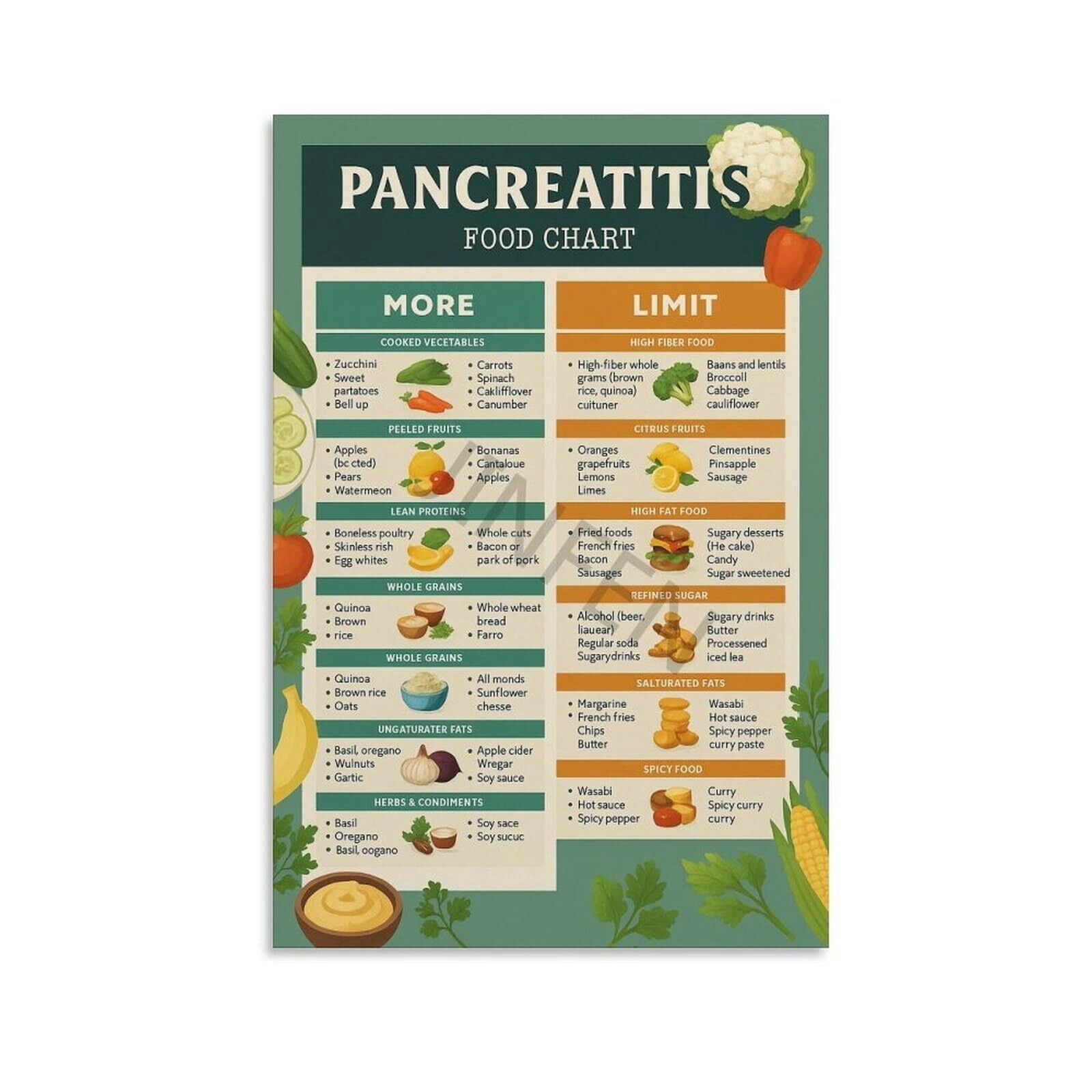 Pancreatitis Food List Chart Poster Dietary Health Guide Kitchen Poster ...