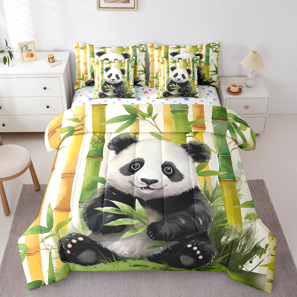 Panda 7 Pcs Comforter Set Twin Size Cute Pandas Bedding For Kids Black ...