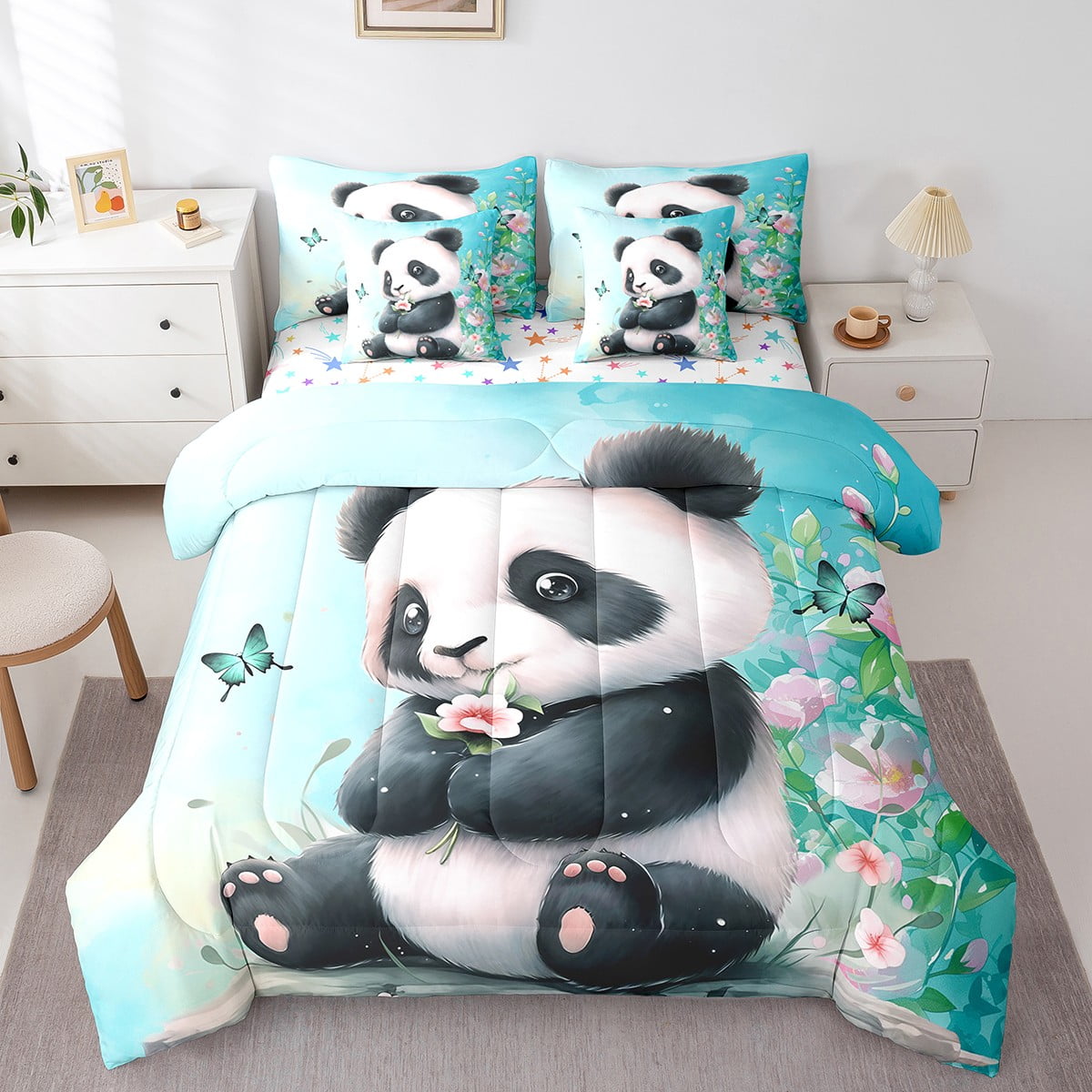 Panda 7 Pcs Comforter Set Twin Size Cute Pandas Bedding Butterflies ...