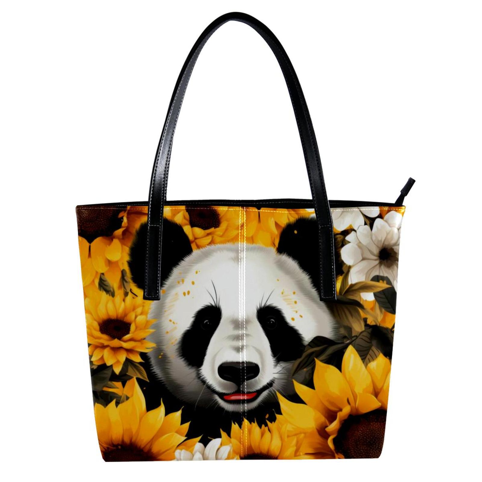 Panda Among Sunflower Leather Stitching Handbag High Quality Fashion ...