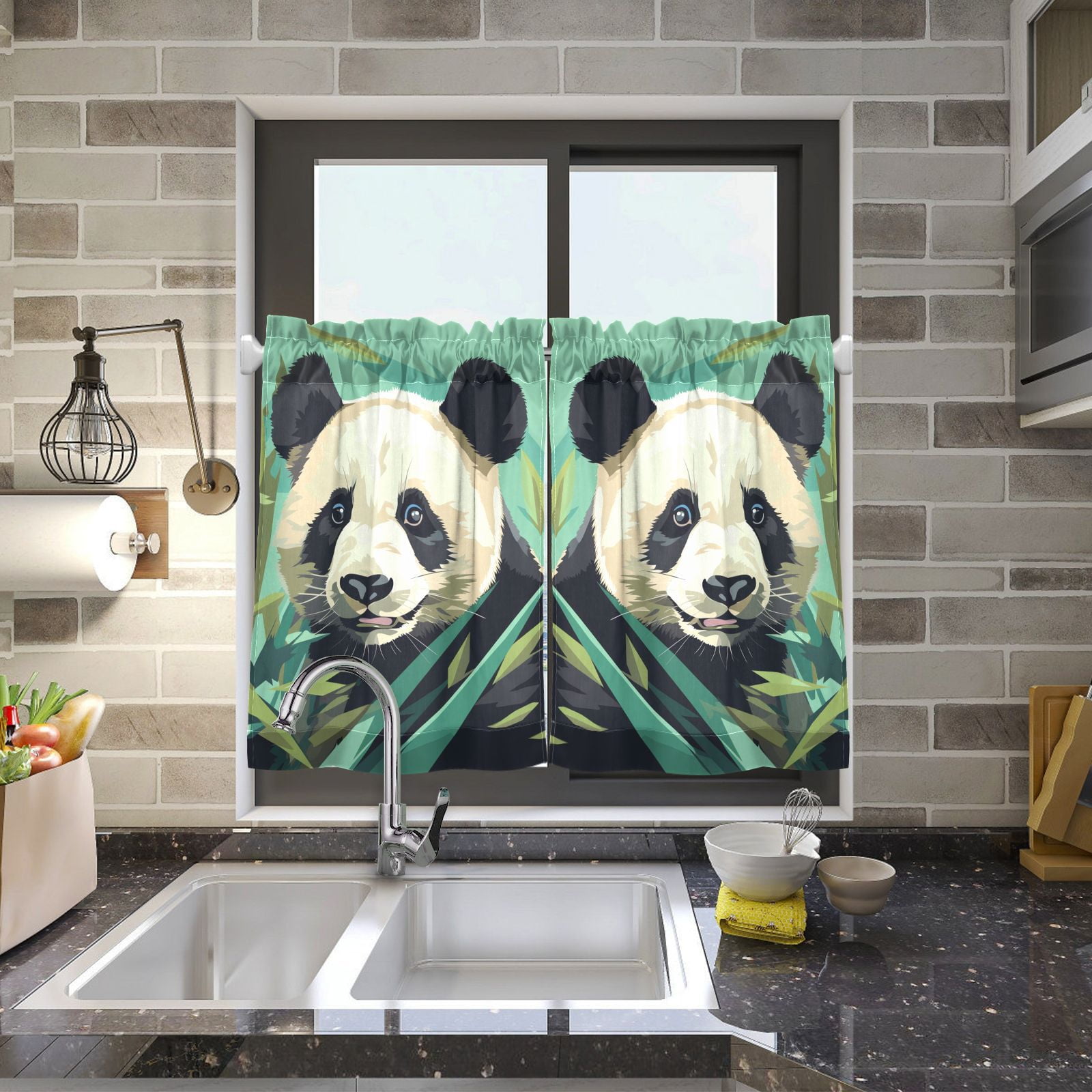 Panda Bamboo Leaves Green Kitchen Curtains Half Tier Curtain 2 Rod ...