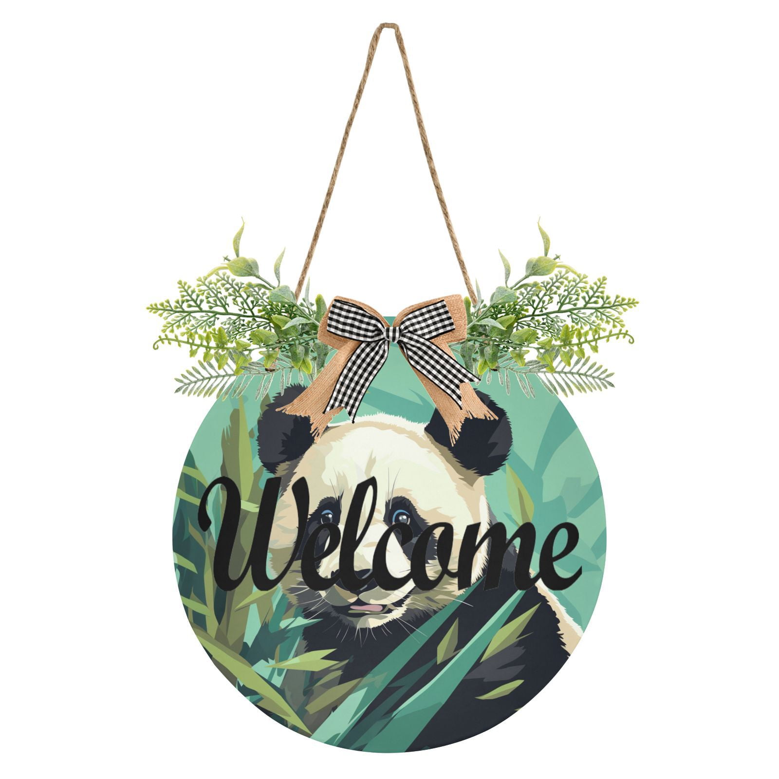 Panda Bamboo Leaves Green Welcome Sign for Front Door Wreath Door Sign ...