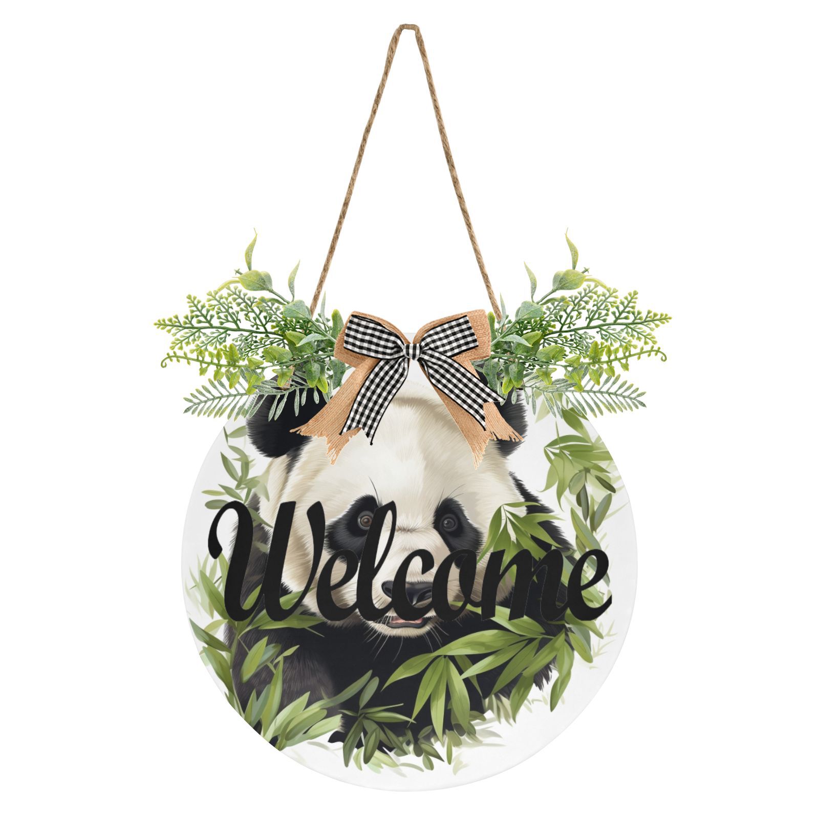 Panda Bamboo Leaves White Welcome Sign for Front Door Wreath Door Sign ...
