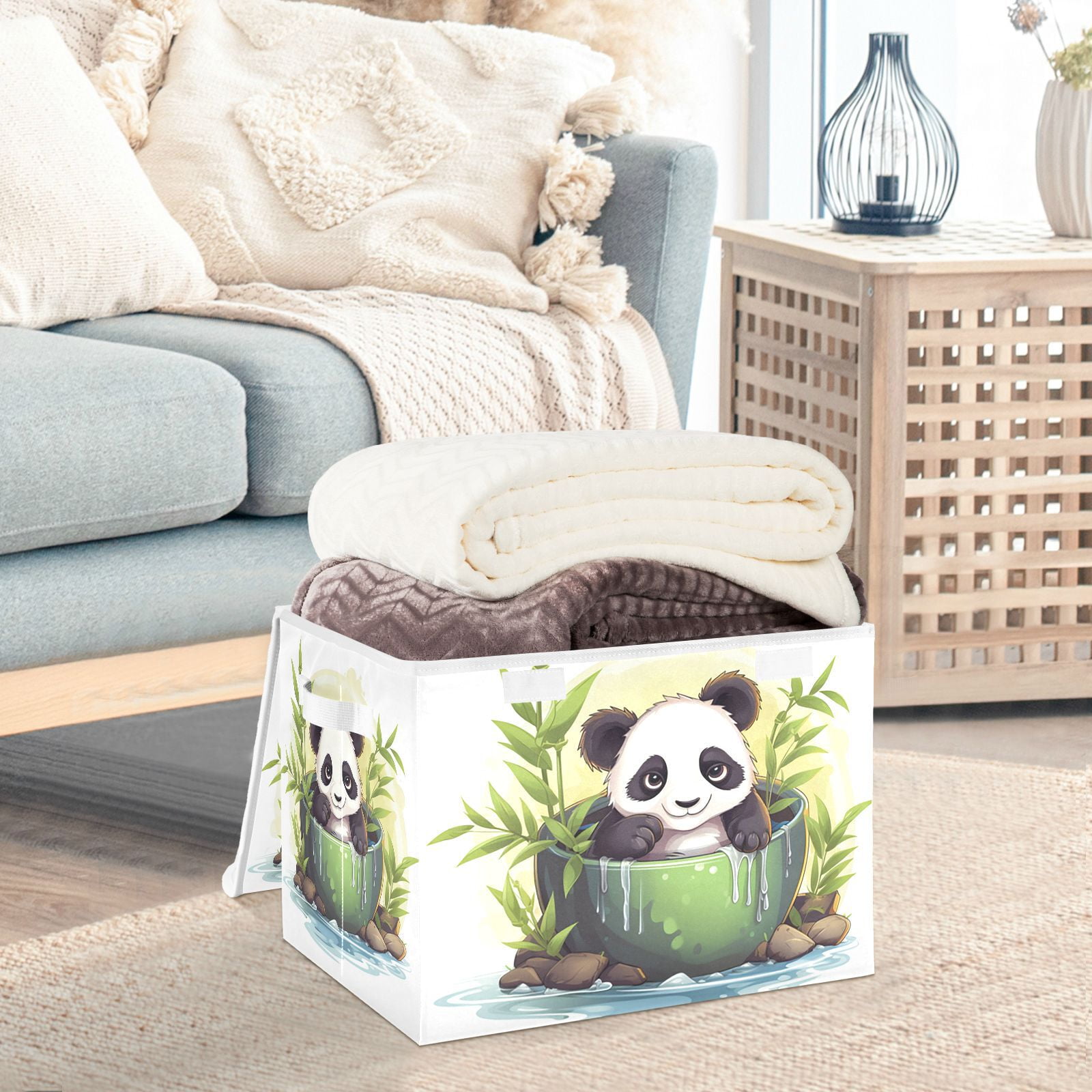 Panda Bear Bamboo Spa Storage Basket Foldable Laundry Basket Shelf Kids ...