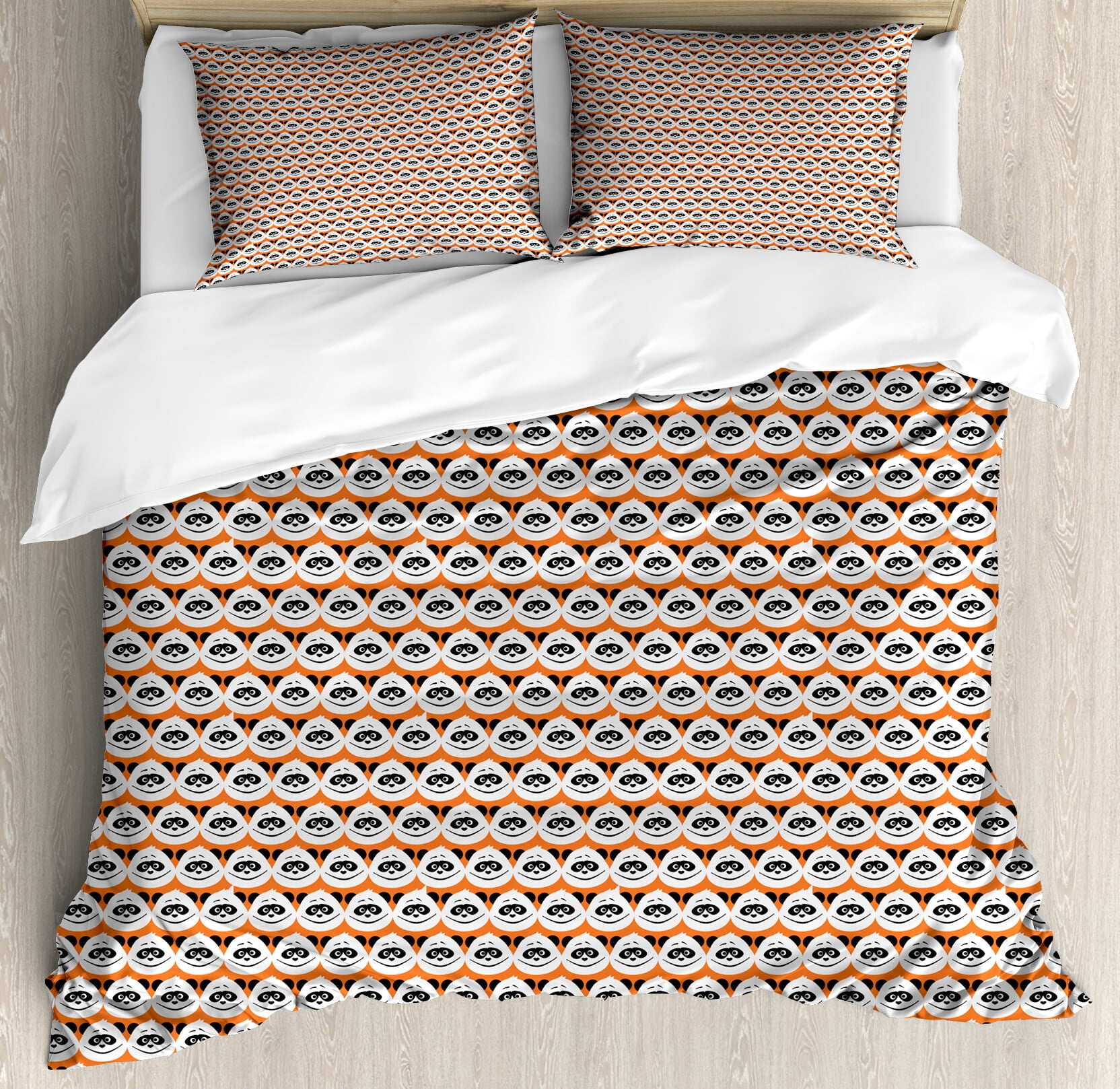 Panda Bear Duvet Cover Set, Continuous Monochrome Bears Smiling Animal ...