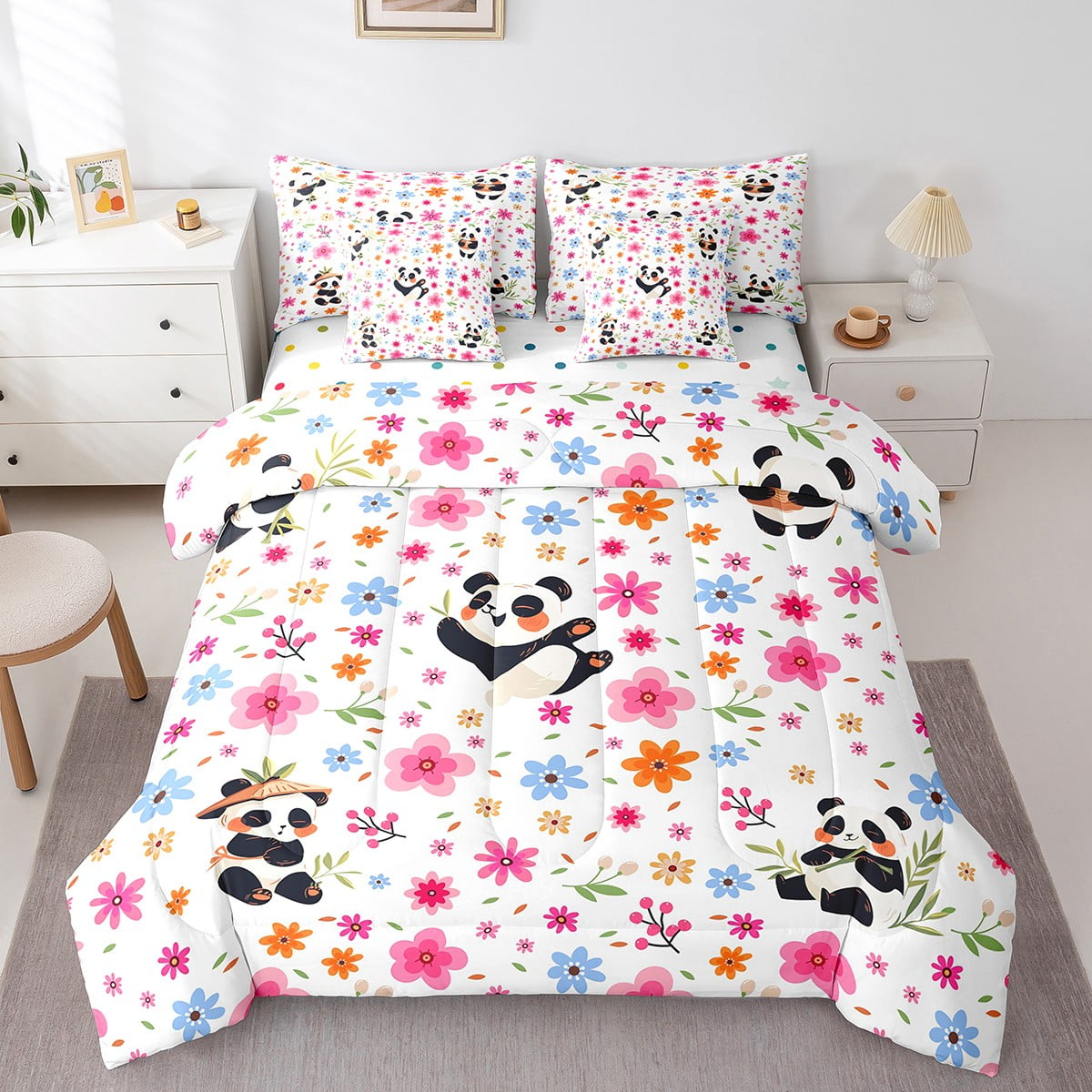 Panda Bed in a Bag 7-Piece Pink Flower Floral King Comforter Set Polka ...