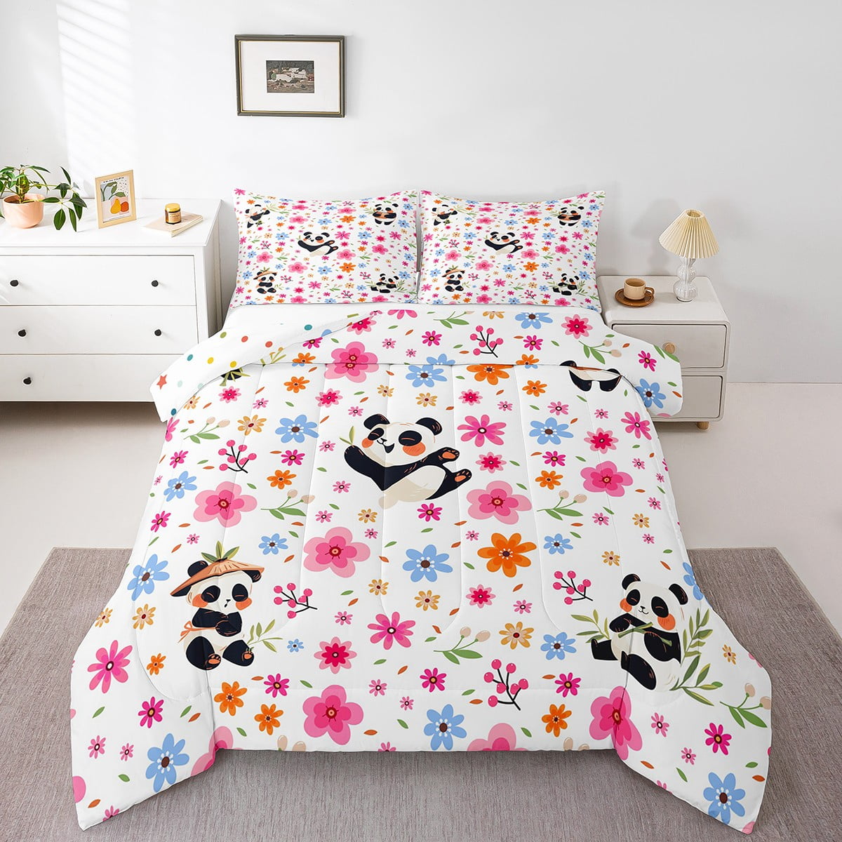 Panda Bedding Queen Size Pink Flower Floral Comforter Set, Colorful ...