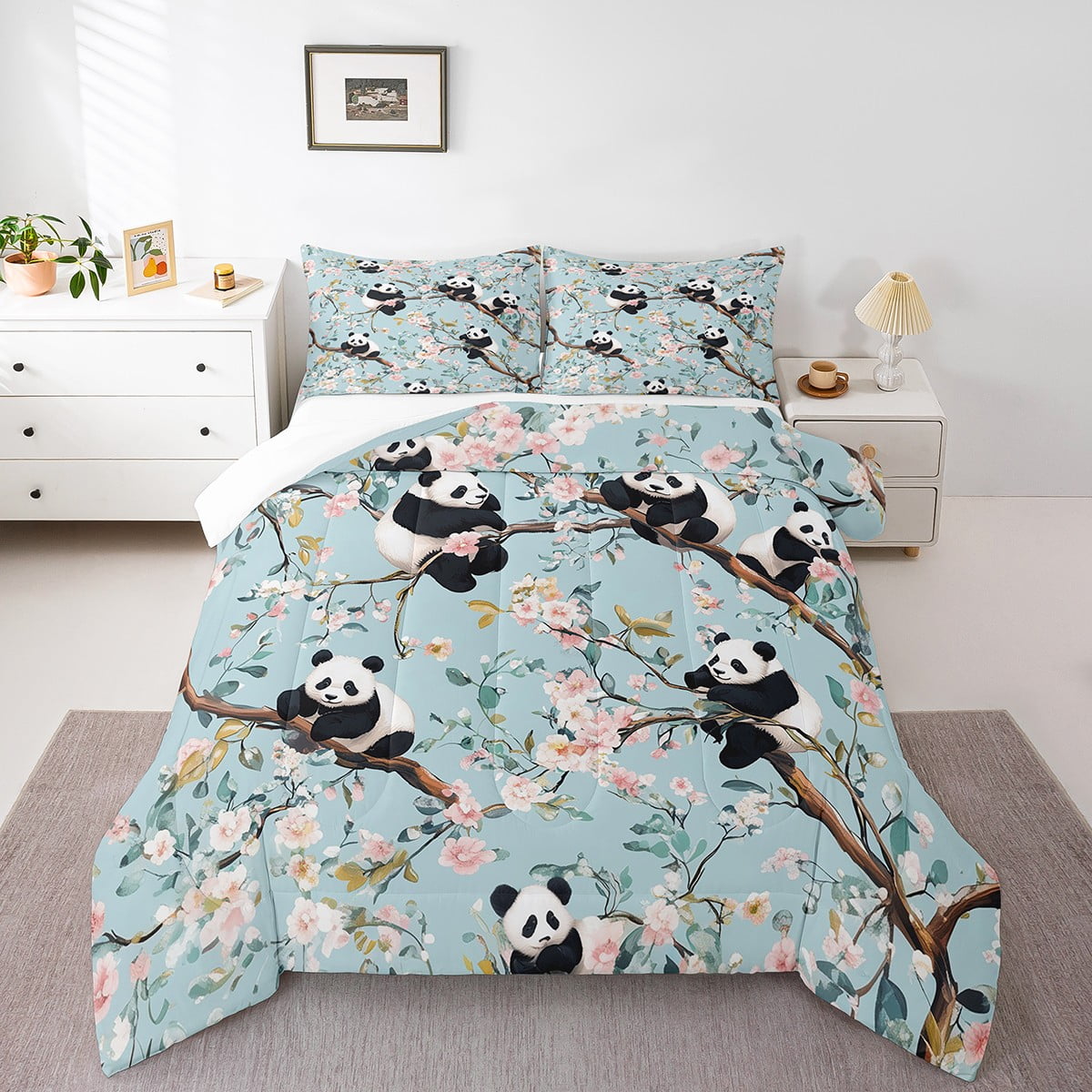 Panda Bedding Sets Pink Flowers Comforter Set Full Teens Bedroom Decor ...