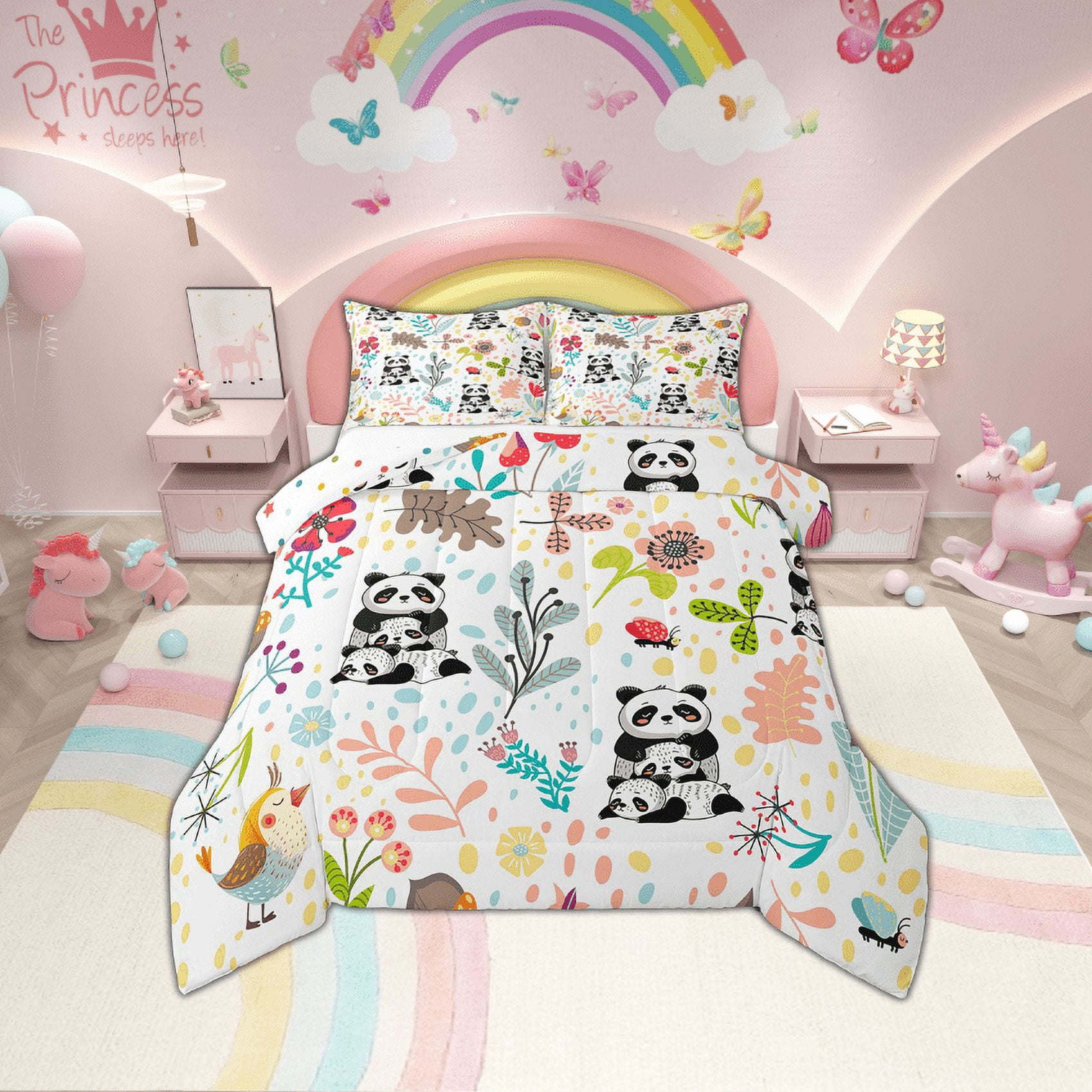 Panda Comforter Set Cute Woodland Botanical Flowers King Bedding Set ...
