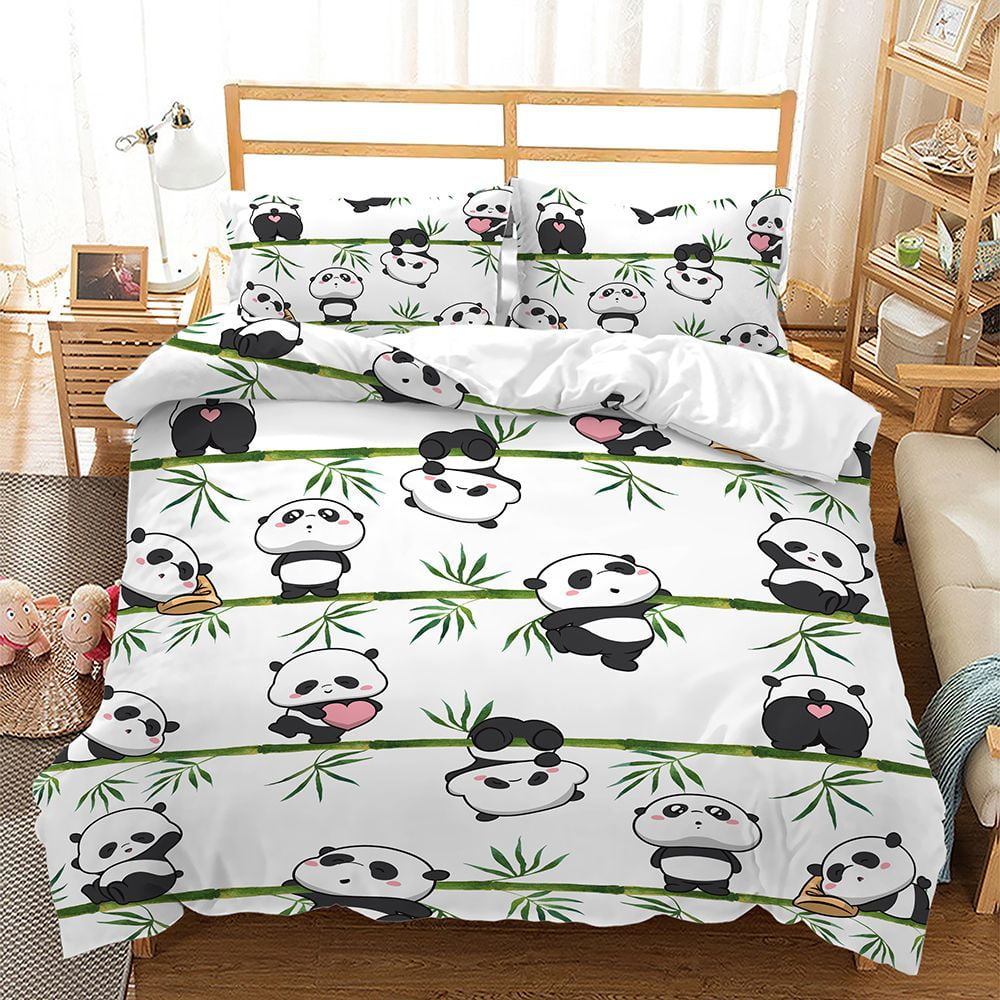 Panda Cover Set, Cheerful Animal Different Poses Bamboo Branch Painting ...
