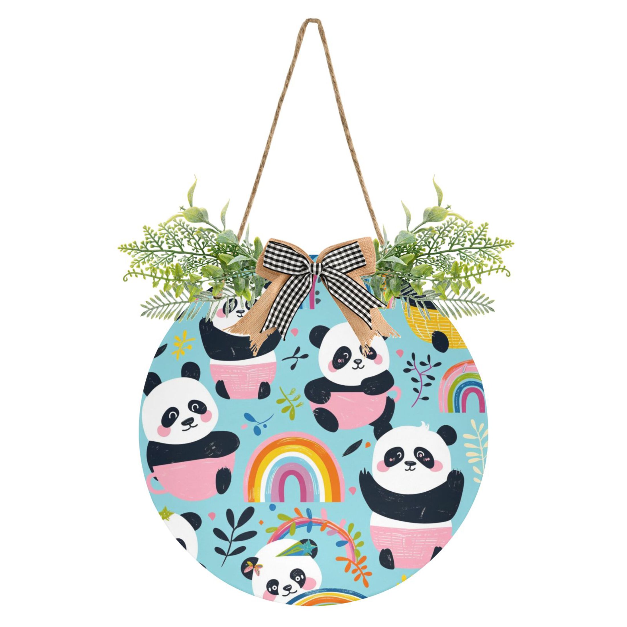 Panda Cup Rainbow Leaf Welcome Front Door Sign Round 12 inch Porch ...