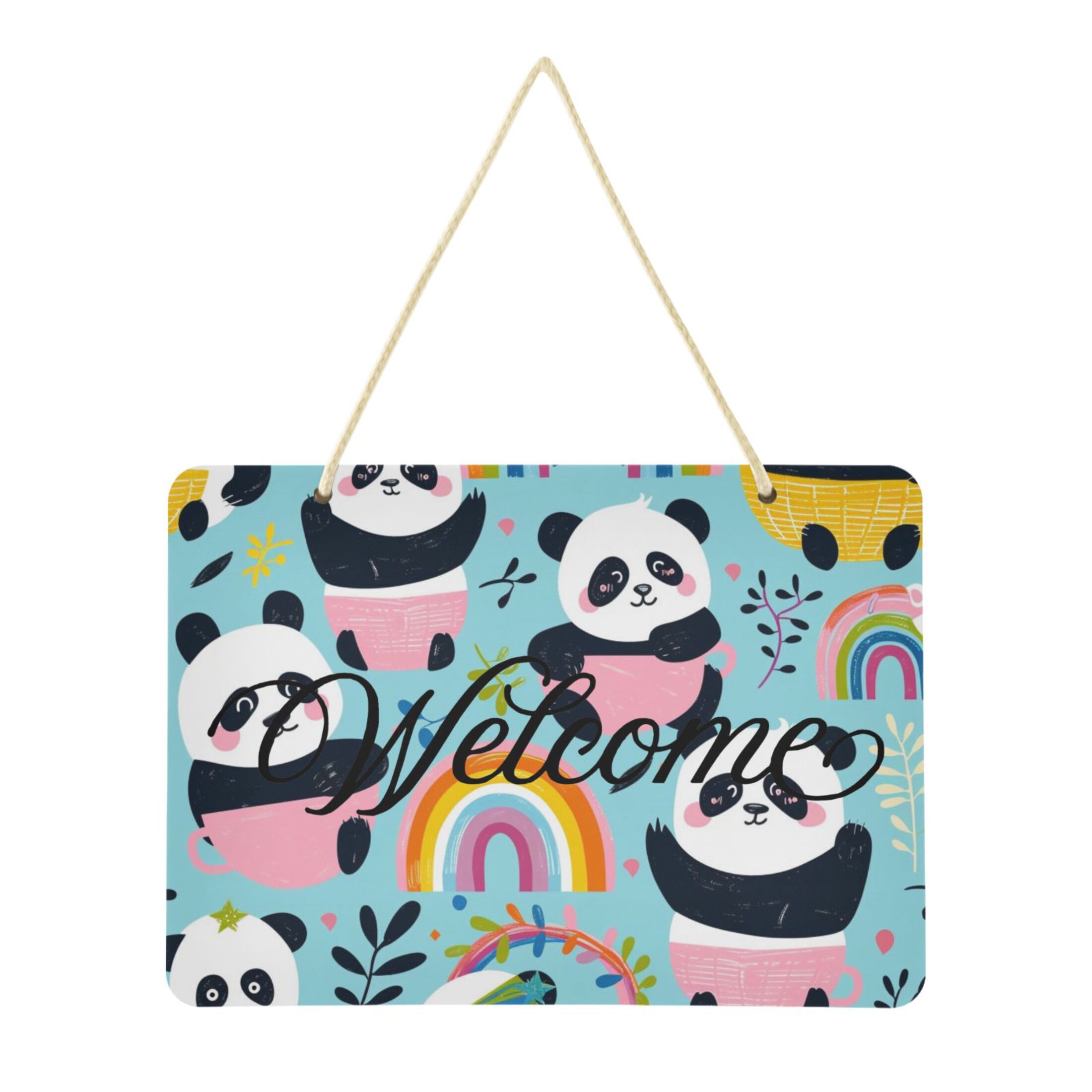 Panda Cup Rainbow Leaf Welcome Sign Front Door PVC 14x10 inch Hanger ...
