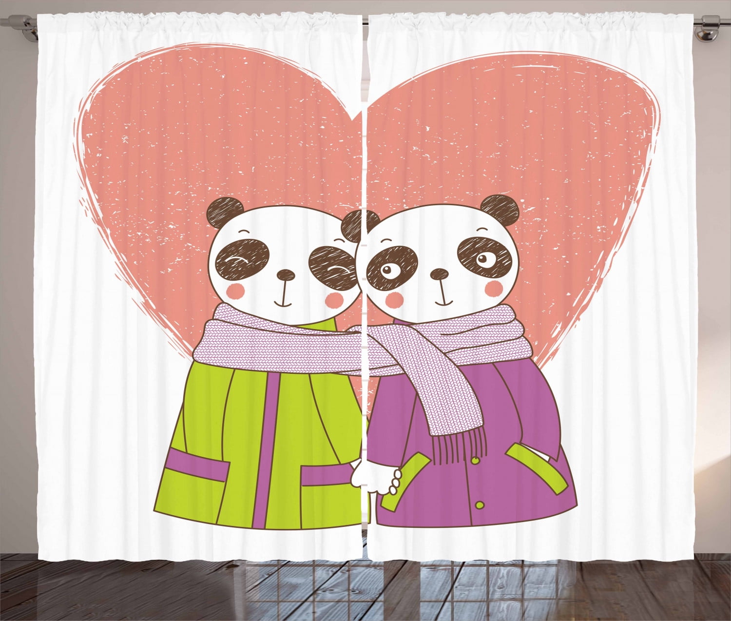 Panda Curtains 2 Panels Set, Two Cartoon Lovers Holding Hands Valentine ...