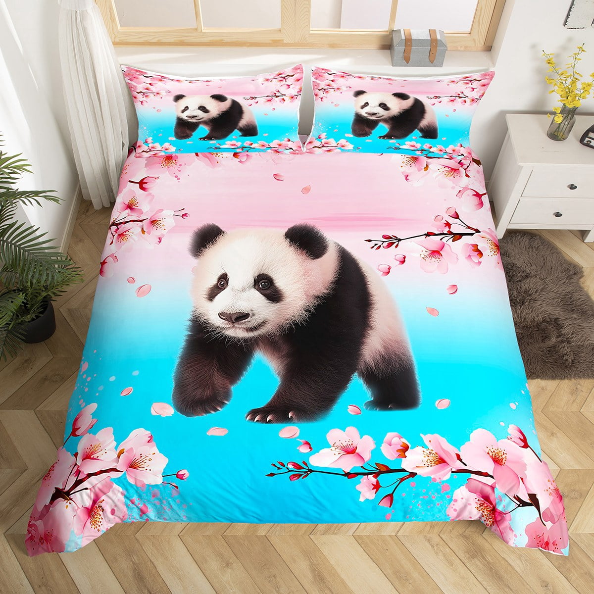 Panda Duvet Cover Cartoon Bear Animal King Bedding Sets ,Cherry Blossom ...