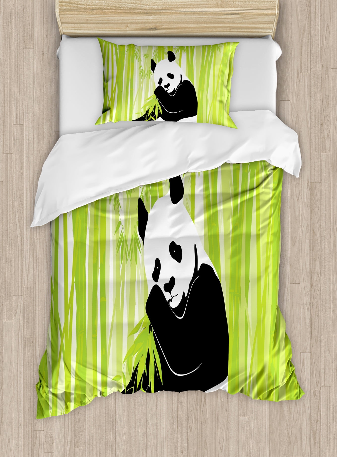 Panda Duvet Cover Set, Panda Bear in Exotic Forest Jungle Oriental ...