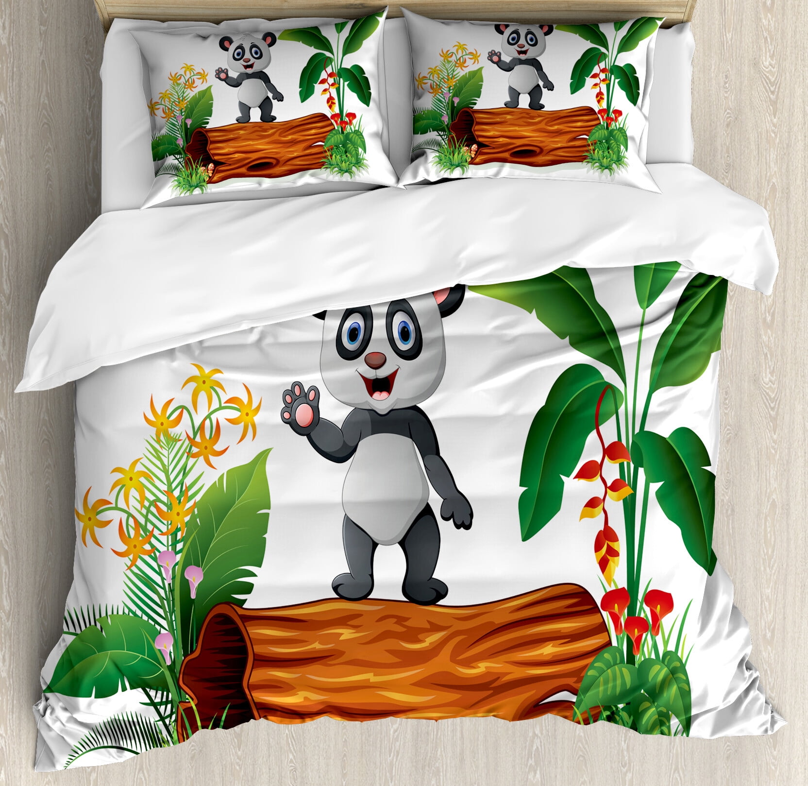Panda Duvet Cover Set, Panda Standing on a Tree Trunk Tropical Flowers ...