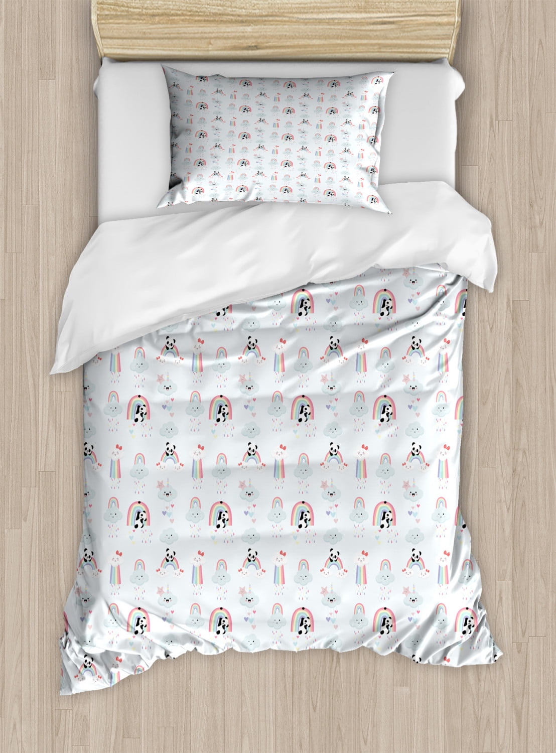 Panda Duvet Cover Set Twin Size, Doodle Style Cheerful Time Characters ...