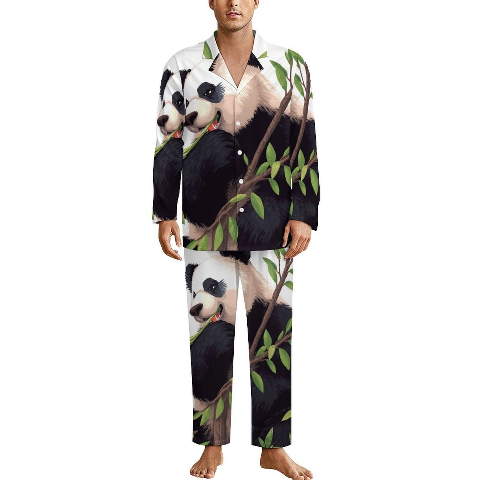 Panda Eating Leaves Pajama Set Autumn Soft Home Sleepwear Man 2 Piece ...