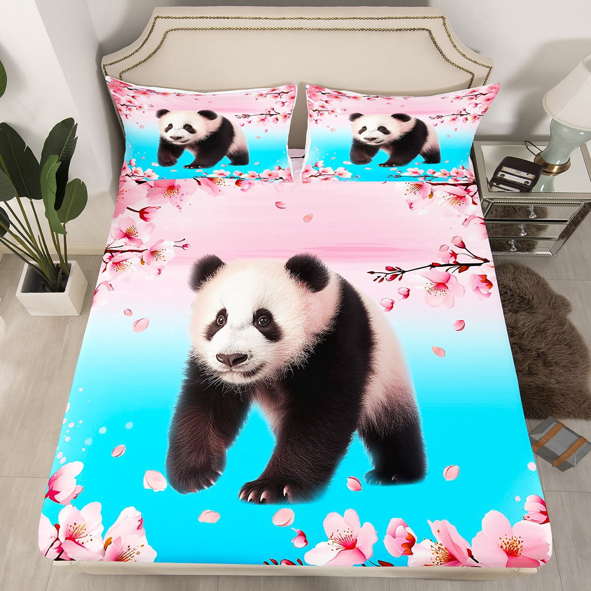 Panda Fitted Sheet Cartoon Bear Animal Queen Bed Sheets,Cherry Blossom ...