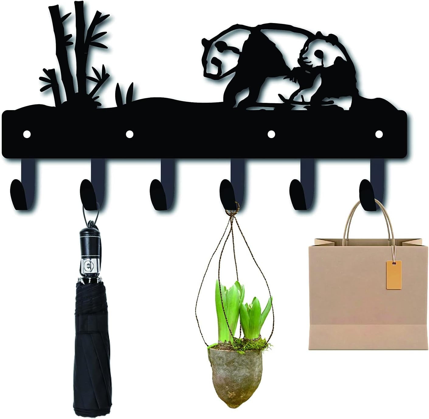 Panda Key Holder Black Bamboos Decorative Hanger 13.8" x 4" Hooks Wall ...